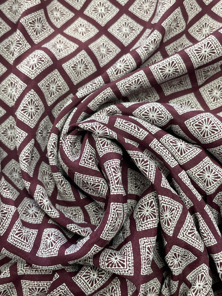 Rayon Vintage - Maroon with Printed White Diamonds – Lucky DeLuxe Fabrics