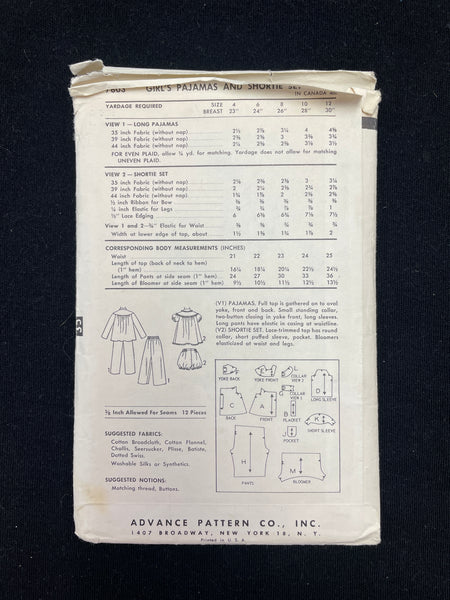 1950's Advance 7803 Sewing Pattern - Child's Pajamas – Lucky DeLuxe Fabrics