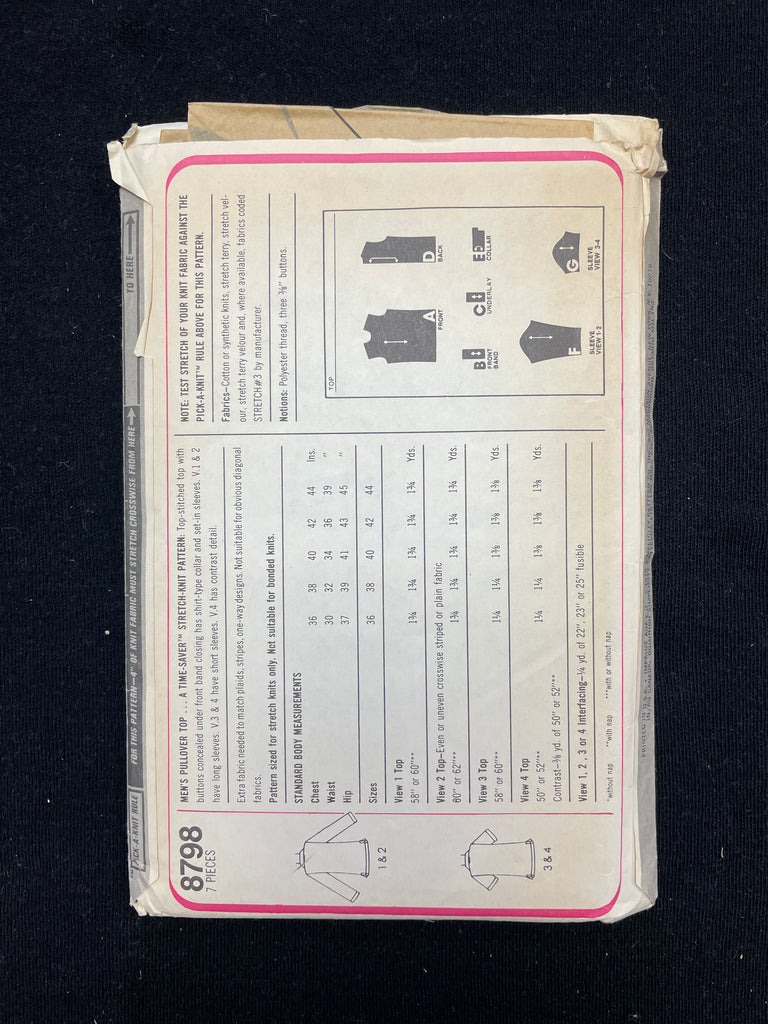 1978 Simplicity 8798 Sewing Pattern - Adult Knit Top – Lucky DeLuxe Fabrics