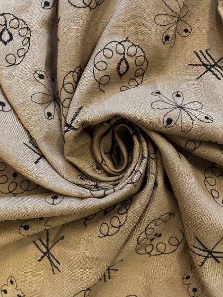 2 YD Polyester Embroidered with Scalloped Border - Dark Brown on Tan ...