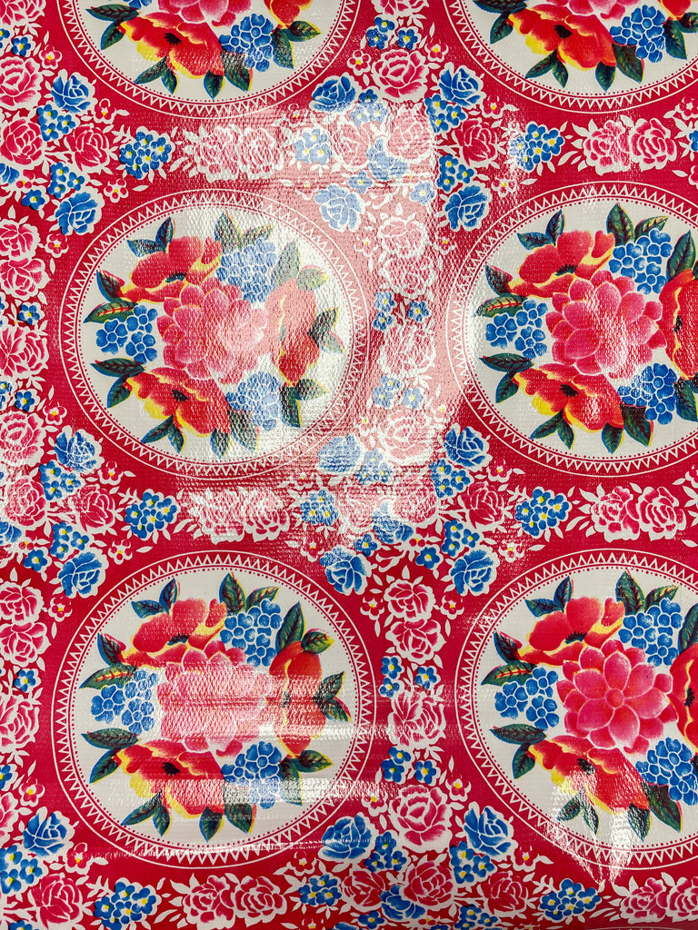 2 5/8 YD PVC "Oil Cloth" - Red with Red and Blue Flowers – Lucky DeLuxe ...
