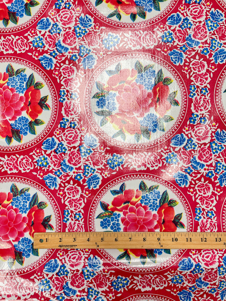 2 5/8 YD PVC "Oil Cloth" - Red with Red and Blue Flowers – Lucky DeLuxe ...
