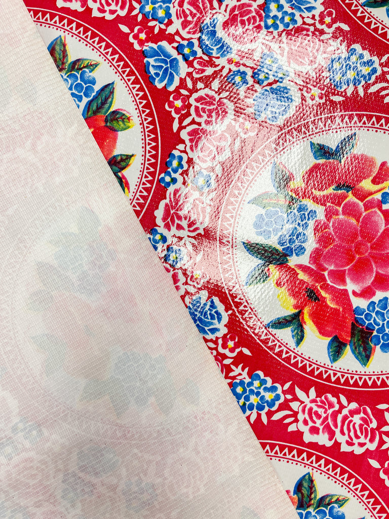 2 5/8 YD PVC "Oil Cloth" - Red with Red and Blue Flowers – Lucky DeLuxe ...