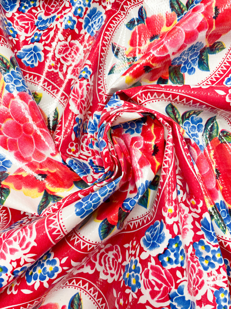 2 5/8 YD PVC "Oil Cloth" - Red with Red and Blue Flowers – Lucky DeLuxe ...