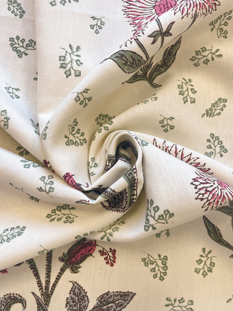 10 7/8 YD Linen - Off White with Pink and Green Floral Print – Lucky ...