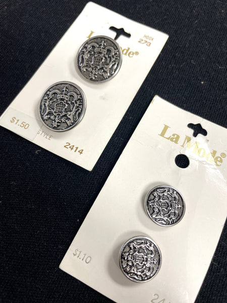 Buttons Metal 7/8" or 5/8" - Silver with Shield – Lucky DeLuxe Fabrics